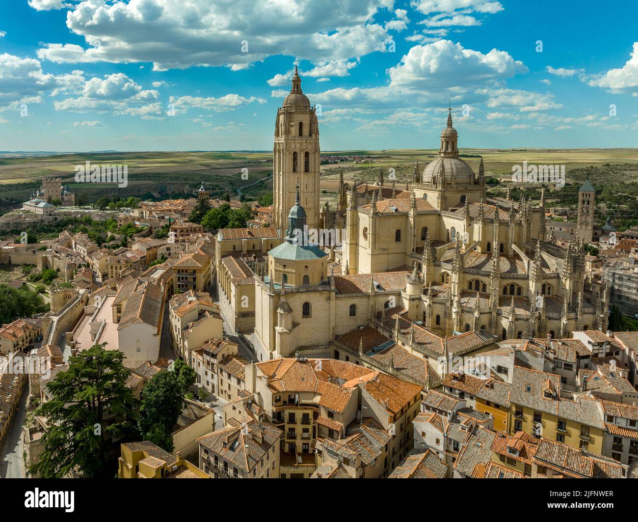 Aerial view of Segovia medieval center, Alcazar royal palace, city ...