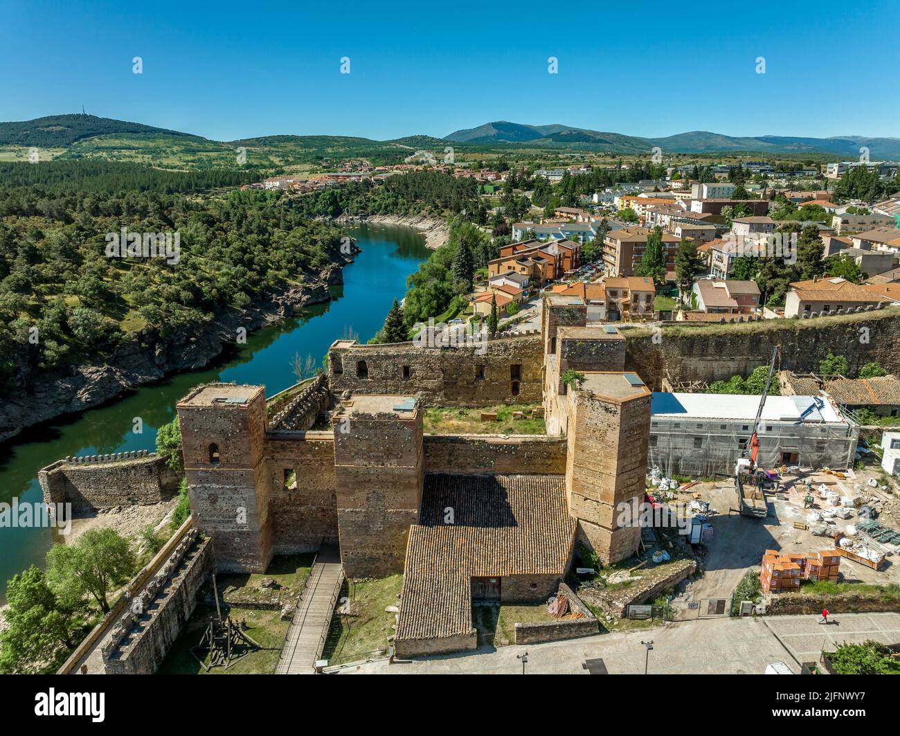 Aerial view of the medieval castle in Buitrago de Lozoya, Spain, with ...
