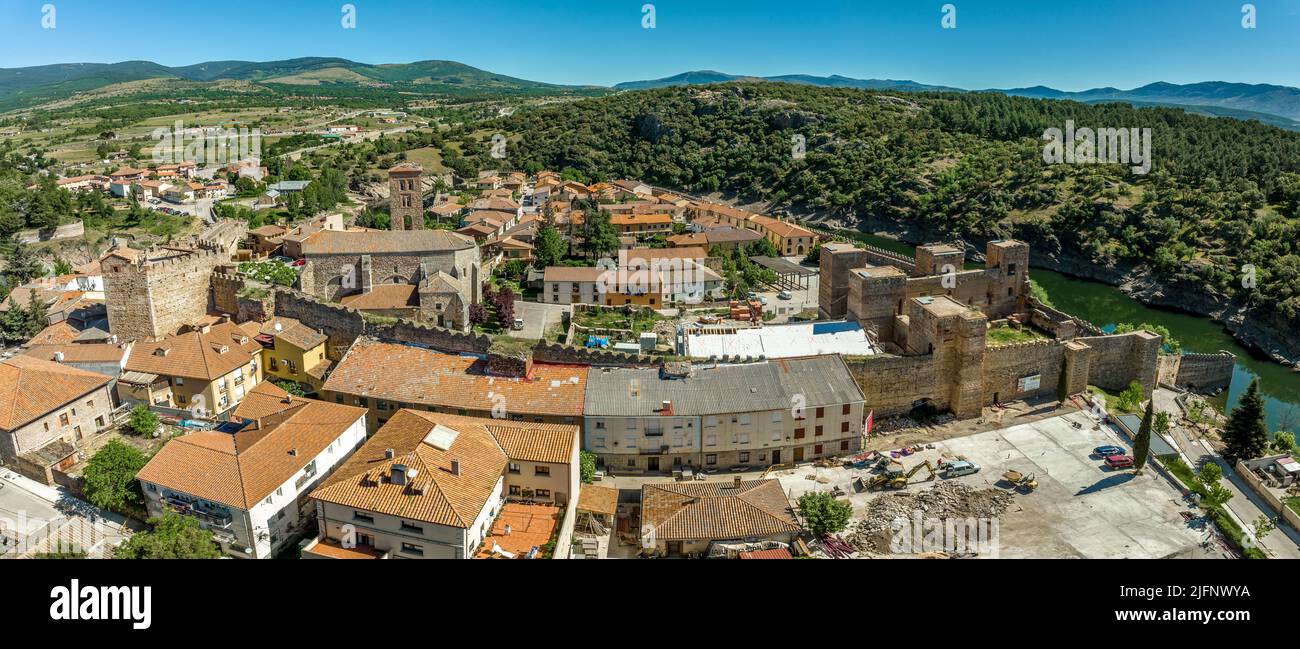 Aerial view of the medieval castle in Buitrago de Lozoya, Spain, with ...