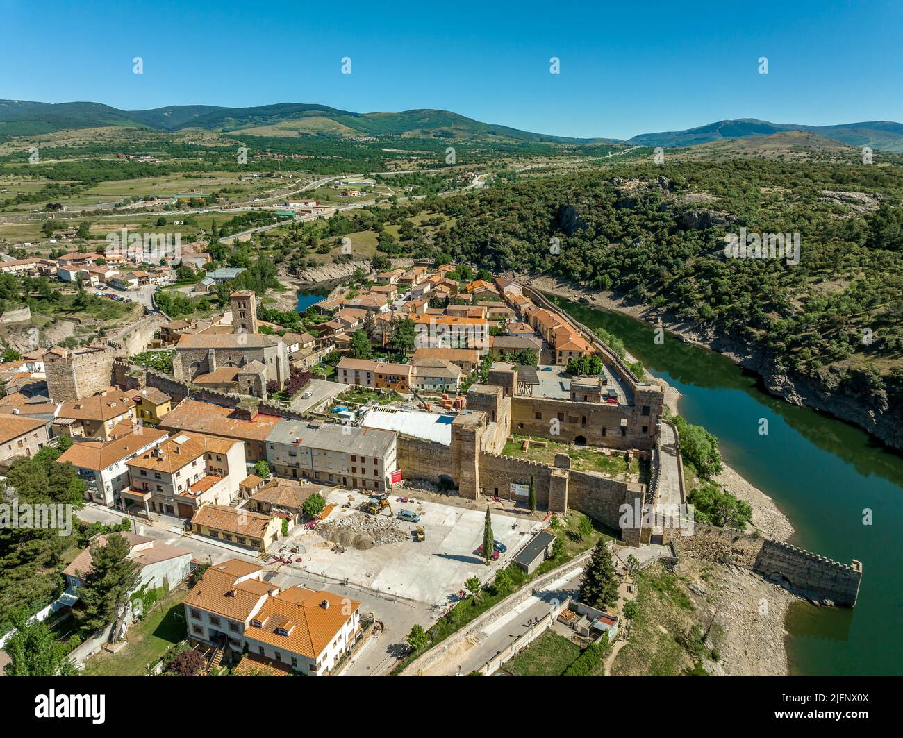 Aerial view of the medieval castle in Buitrago de Lozoya, Spain, with ...