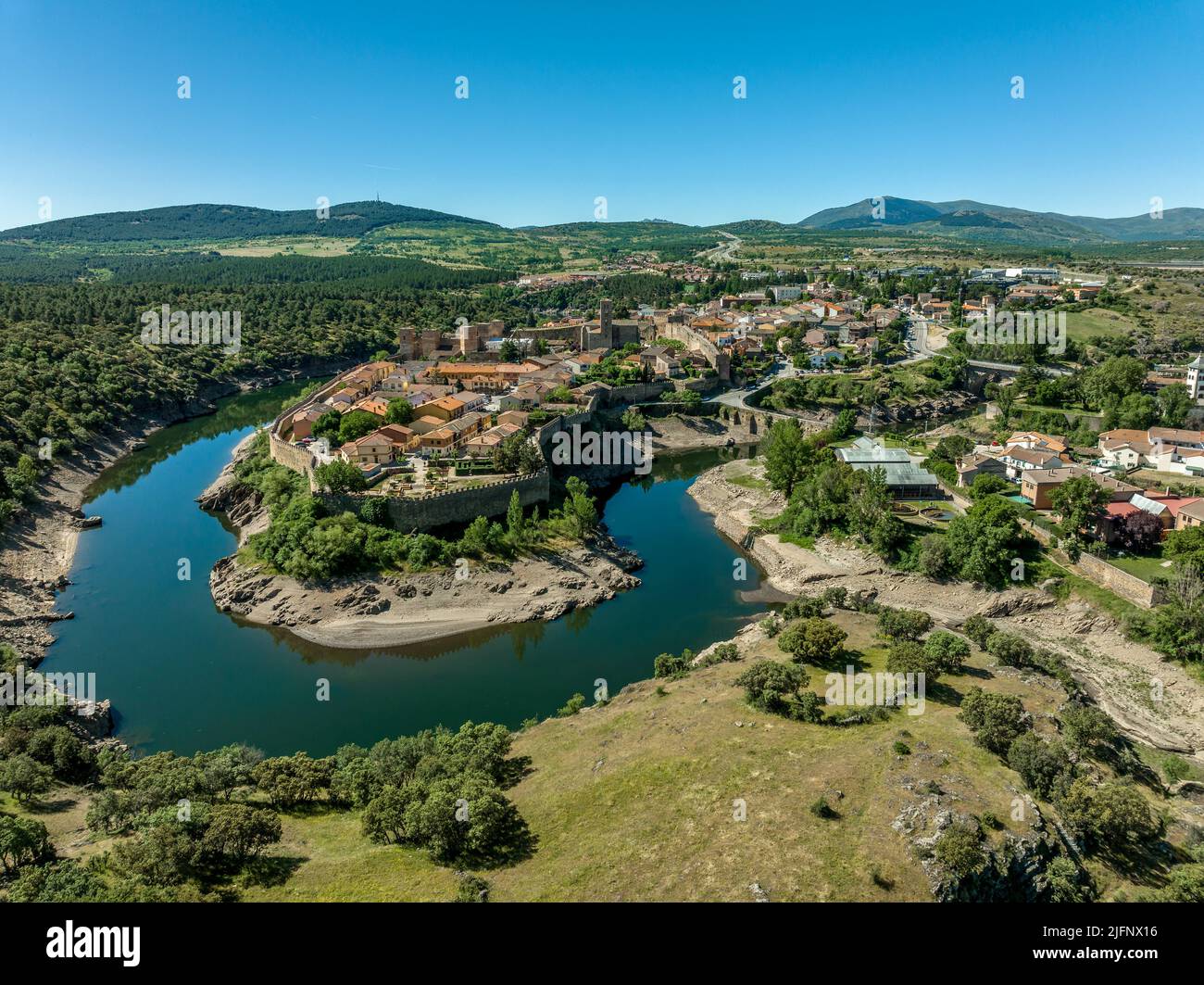 Aerial view of the medieval castle in Buitrago de Lozoya, Spain, with ...