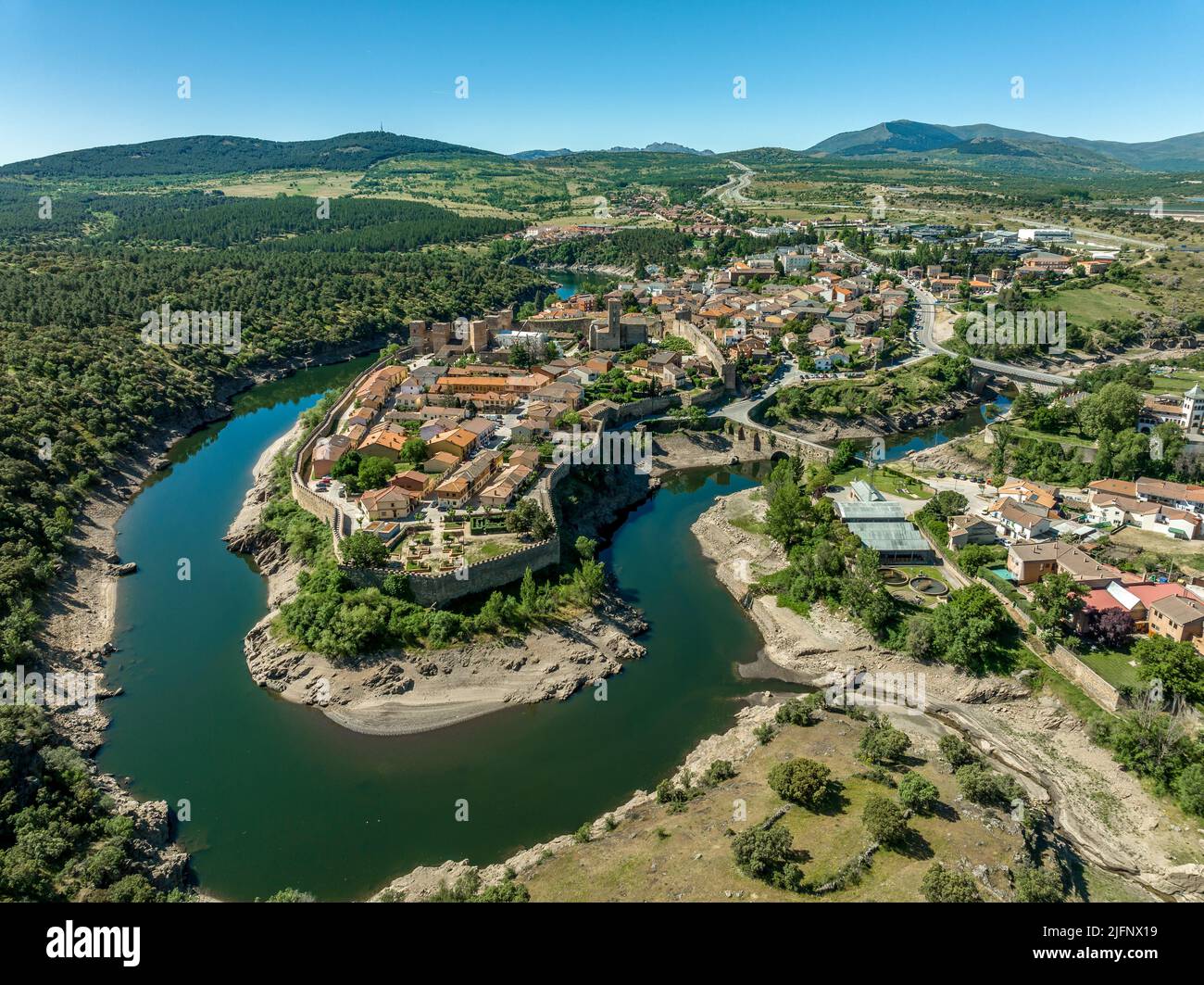 Aerial view of the medieval castle in Buitrago de Lozoya, Spain, with ...