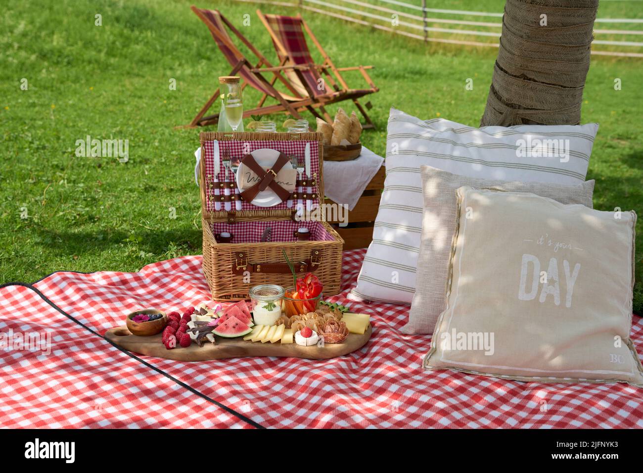 A beautiful countryside picnic blanket with pillows and an appetizer ...
