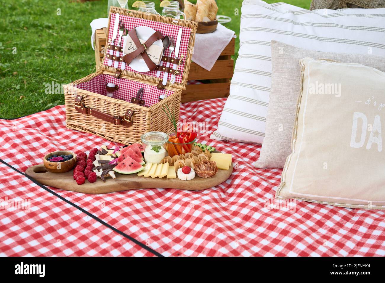 A beautiful countryside picnic blanket with pillows and an appetizer ...