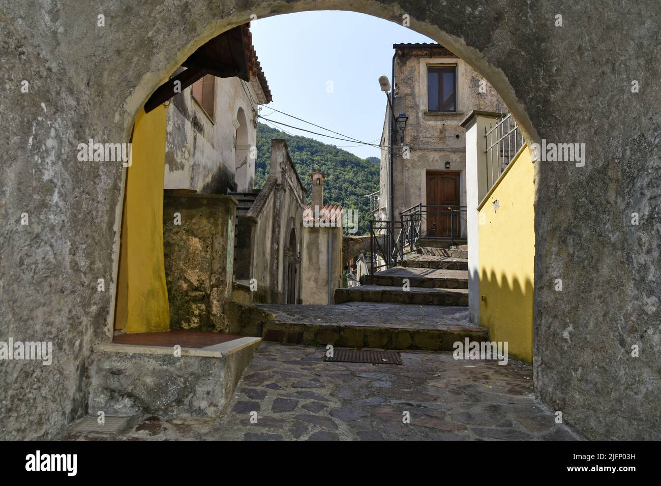 A narrow street in Scalea, an old village in the Calabria region, Italy ...