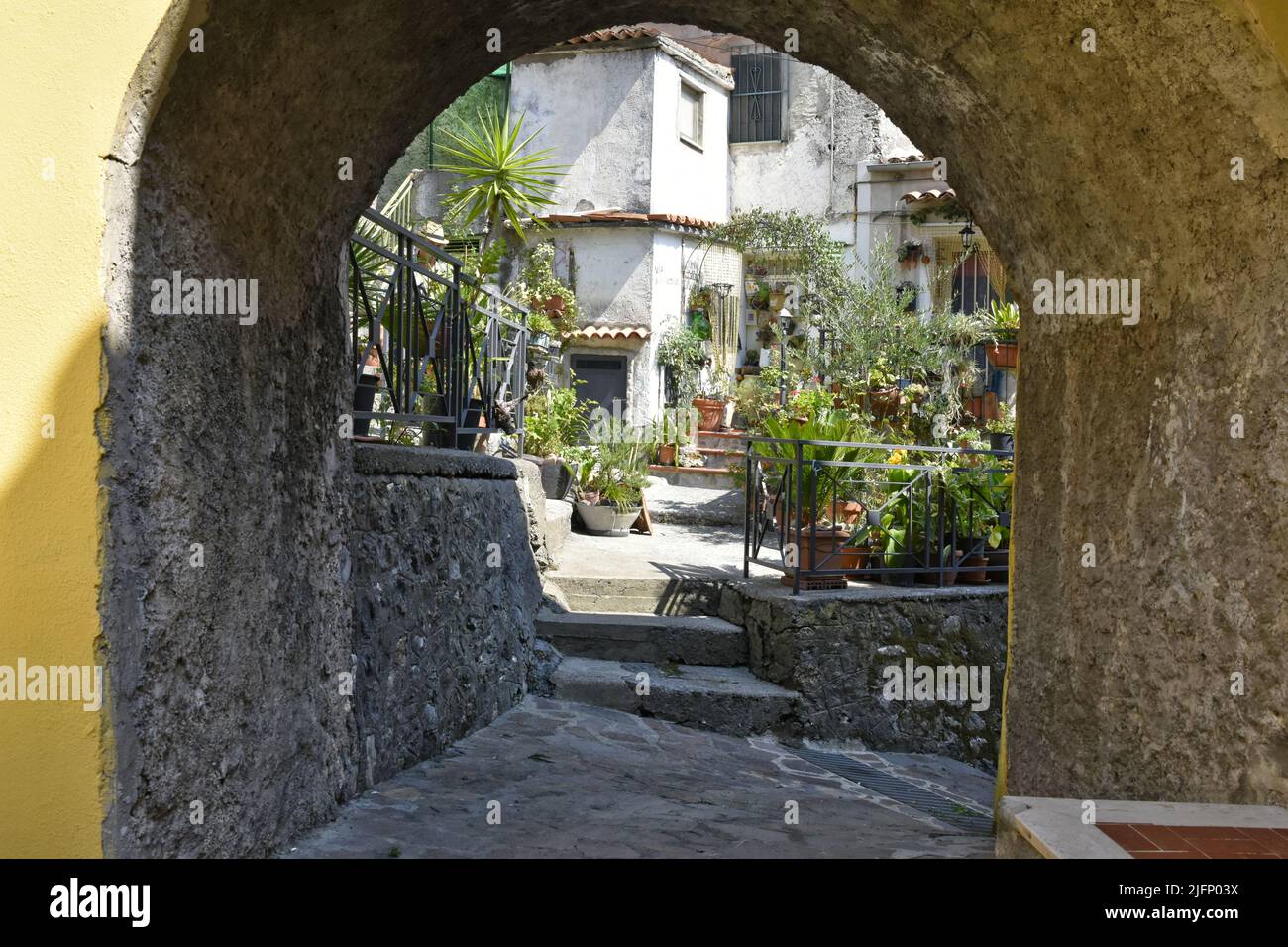 A narrow street in Scalea, an old village in the Calabria region, Italy ...