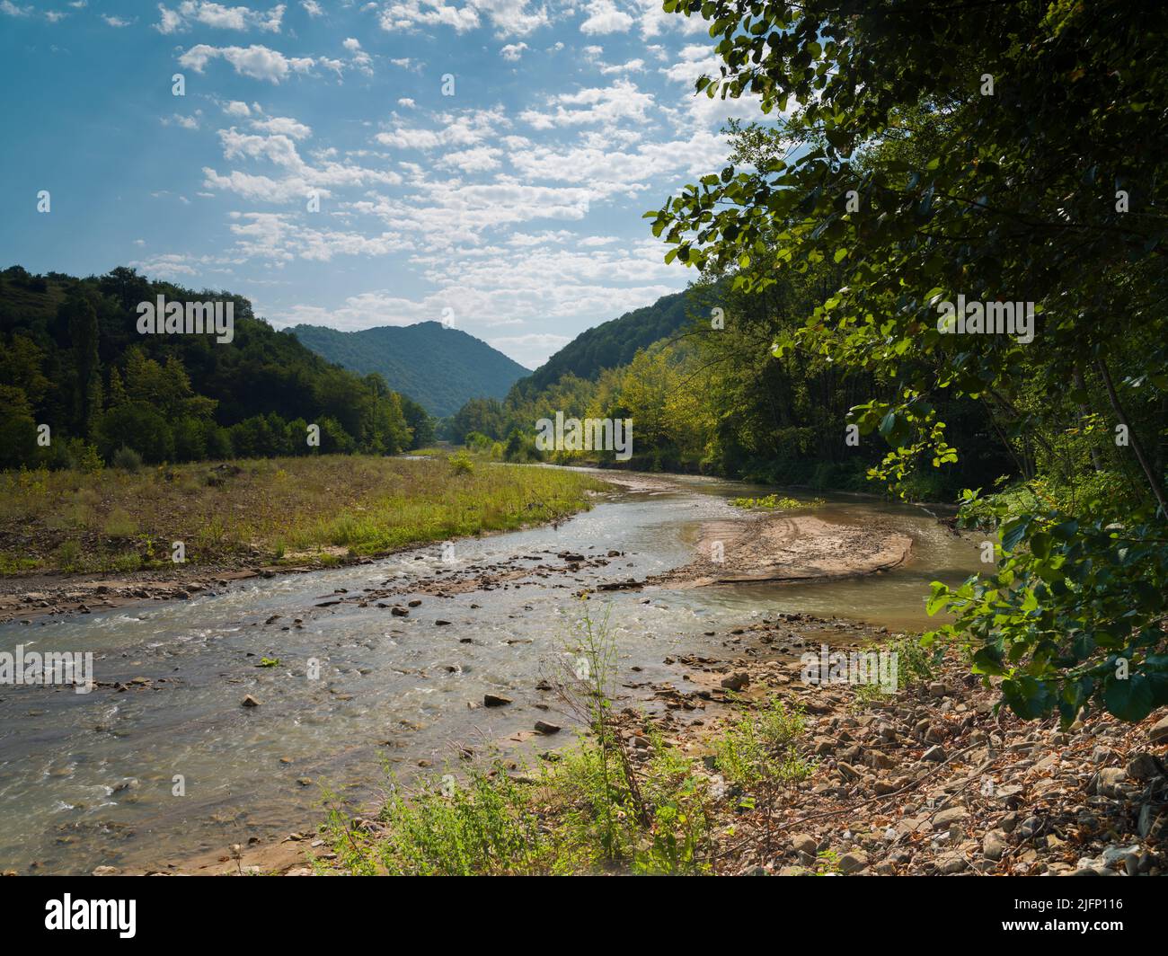 Riverbed in summer. It is a low-flowing stream with little water. River ...