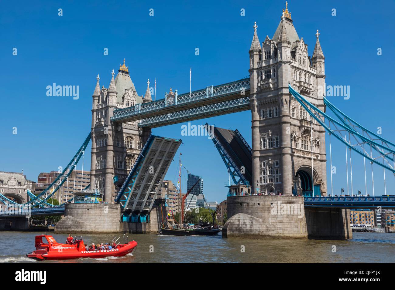 Tower Bridge Open with Historic Barge Passing Through, London, England ...