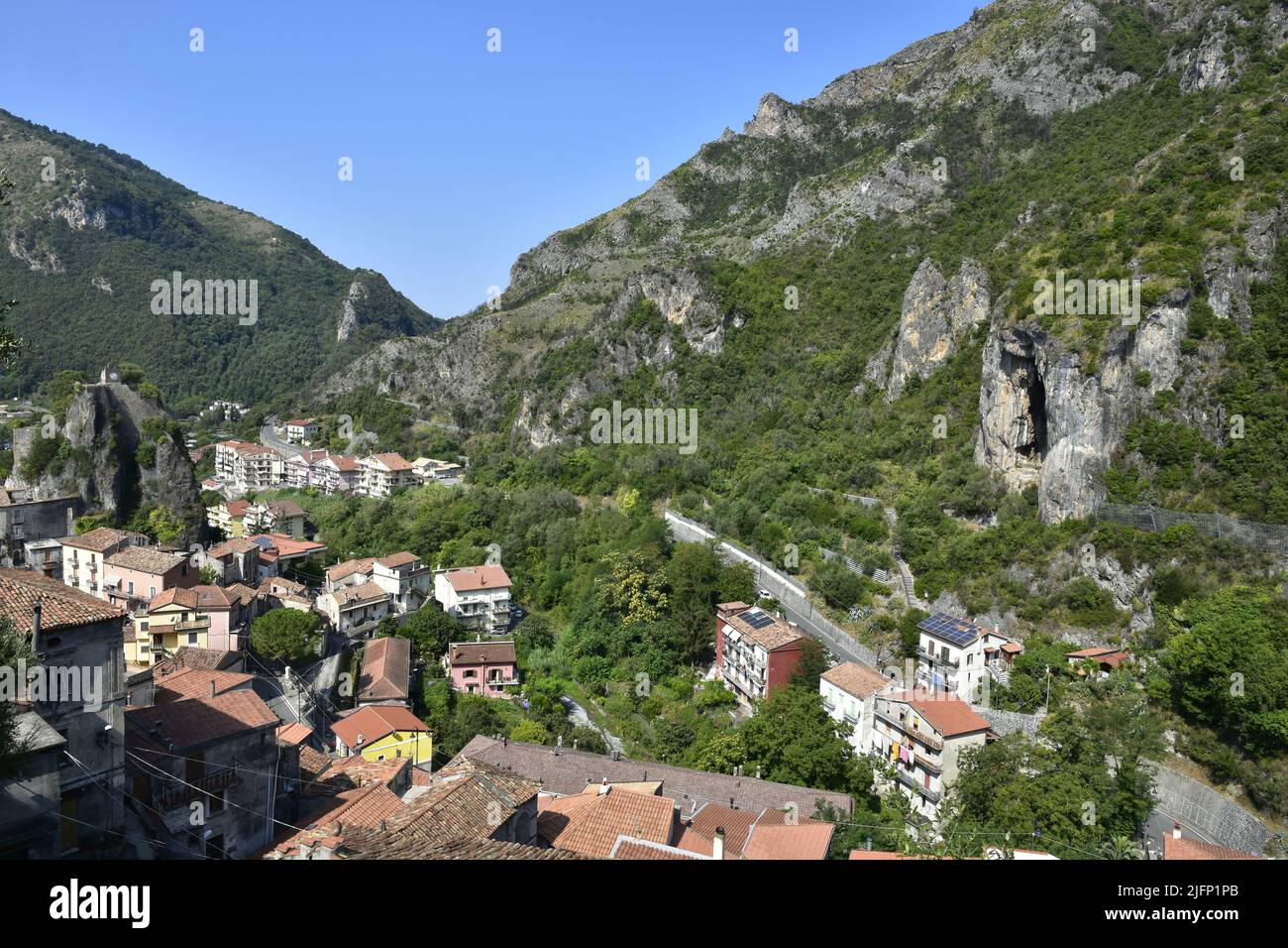 A panoramic view of Orsomarso village in the mountains of Calabria ...