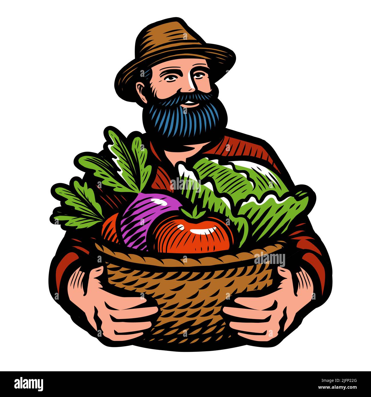 Farmer holding basket full of fresh vegetables. Agriculture, farm ...