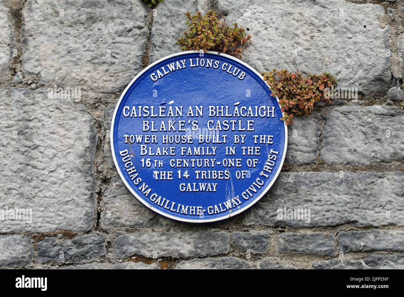 Blue plaque on Blakes Castle in Galway Stock Photo - Alamy