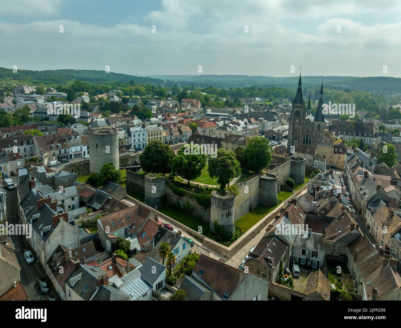 Aerial view of Dourdan castle characteristic of military architecture ...