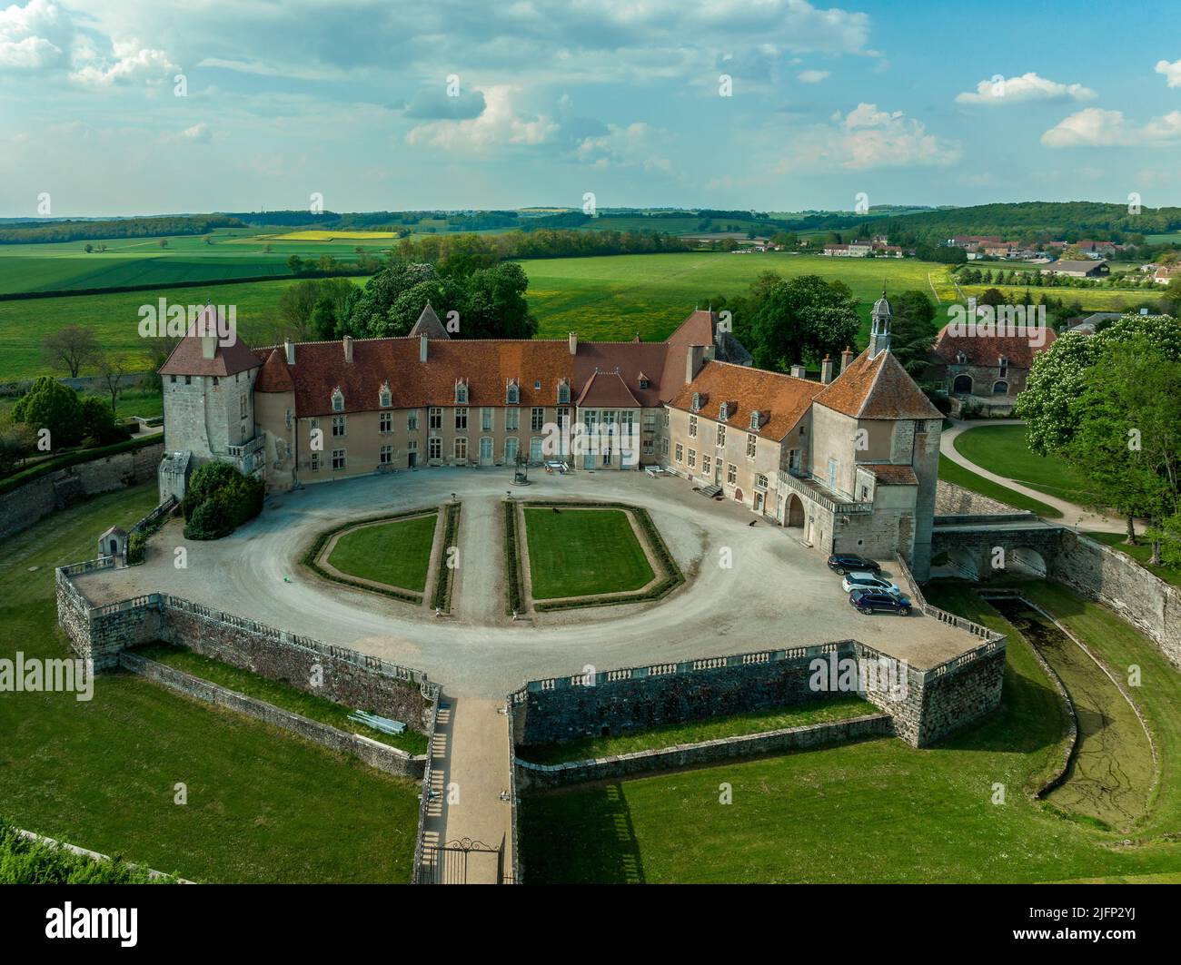 Aerial view of the feudal castle of Epoisses with buildings from the ...
