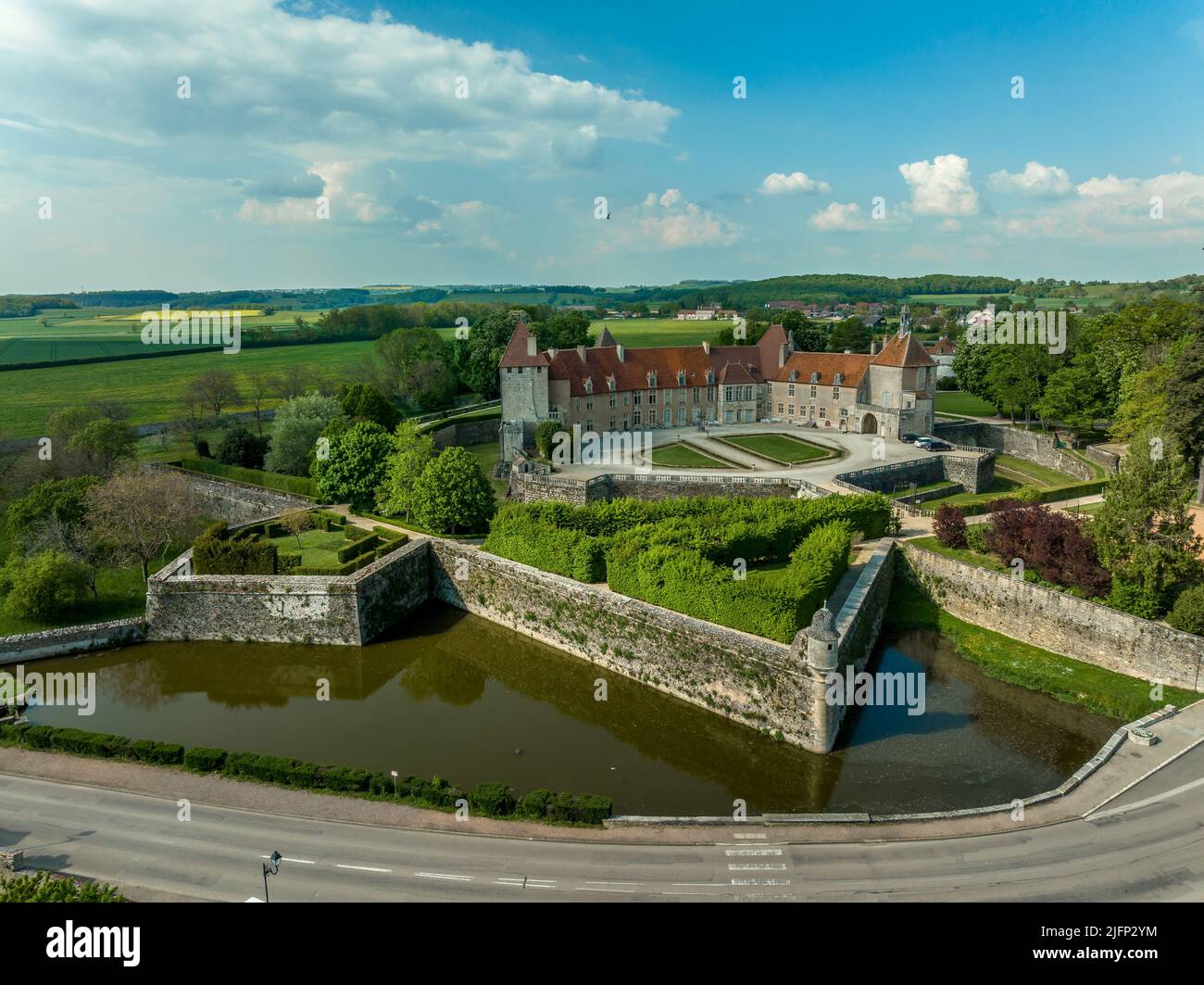 Aerial view of the feudal castle of Epoisses with buildings from the ...