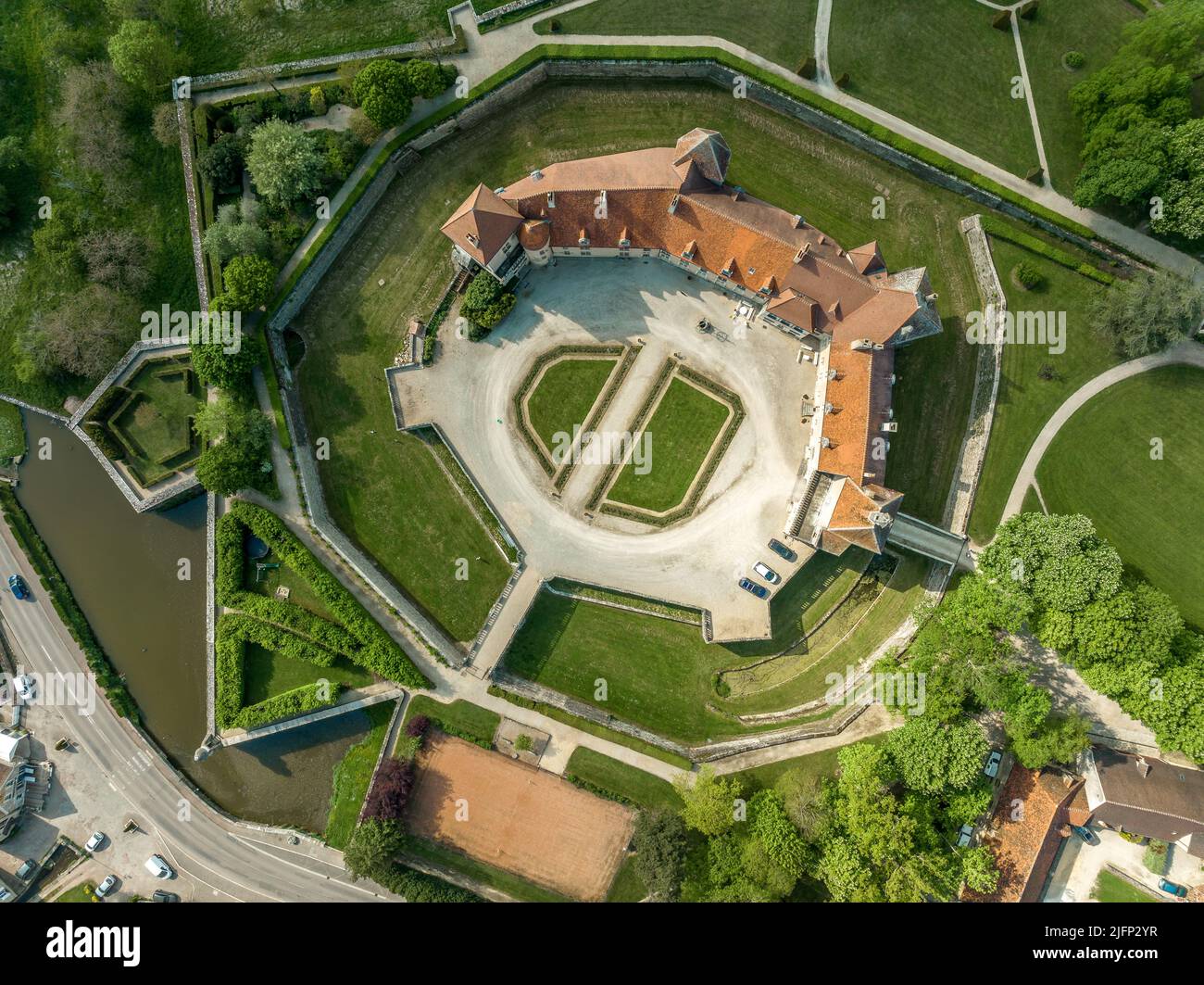 Aerial view of the feudal castle of Epoisses with buildings from the ...