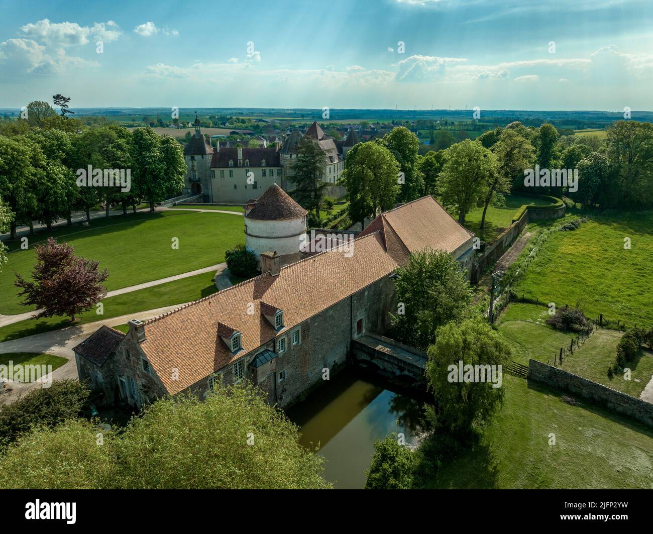 Aerial view of the feudal castle of Epoisses with buildings from the ...