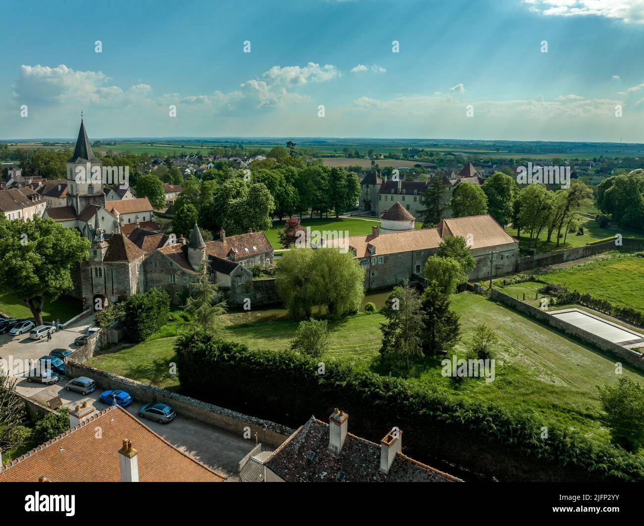 Aerial view of the feudal castle of Epoisses with buildings from the ...
