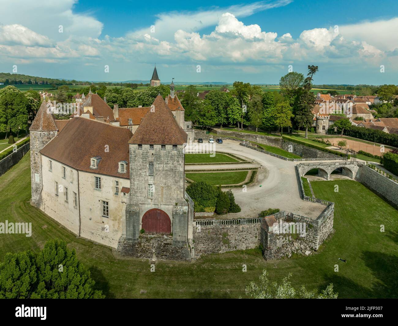 Aerial view of the feudal castle of Epoisses with buildings from the ...