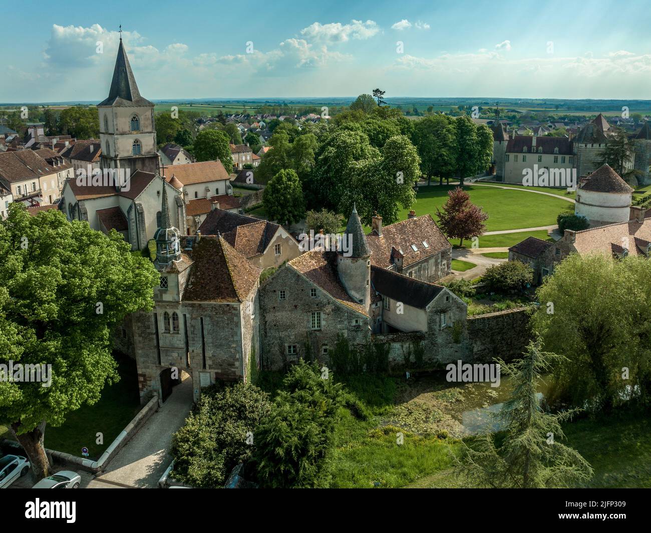 Aerial view of the feudal castle of Epoisses with buildings from the ...