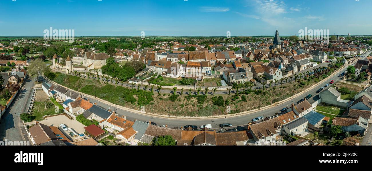Aerial summer view of Dun sur Auron medieval French town with city ...