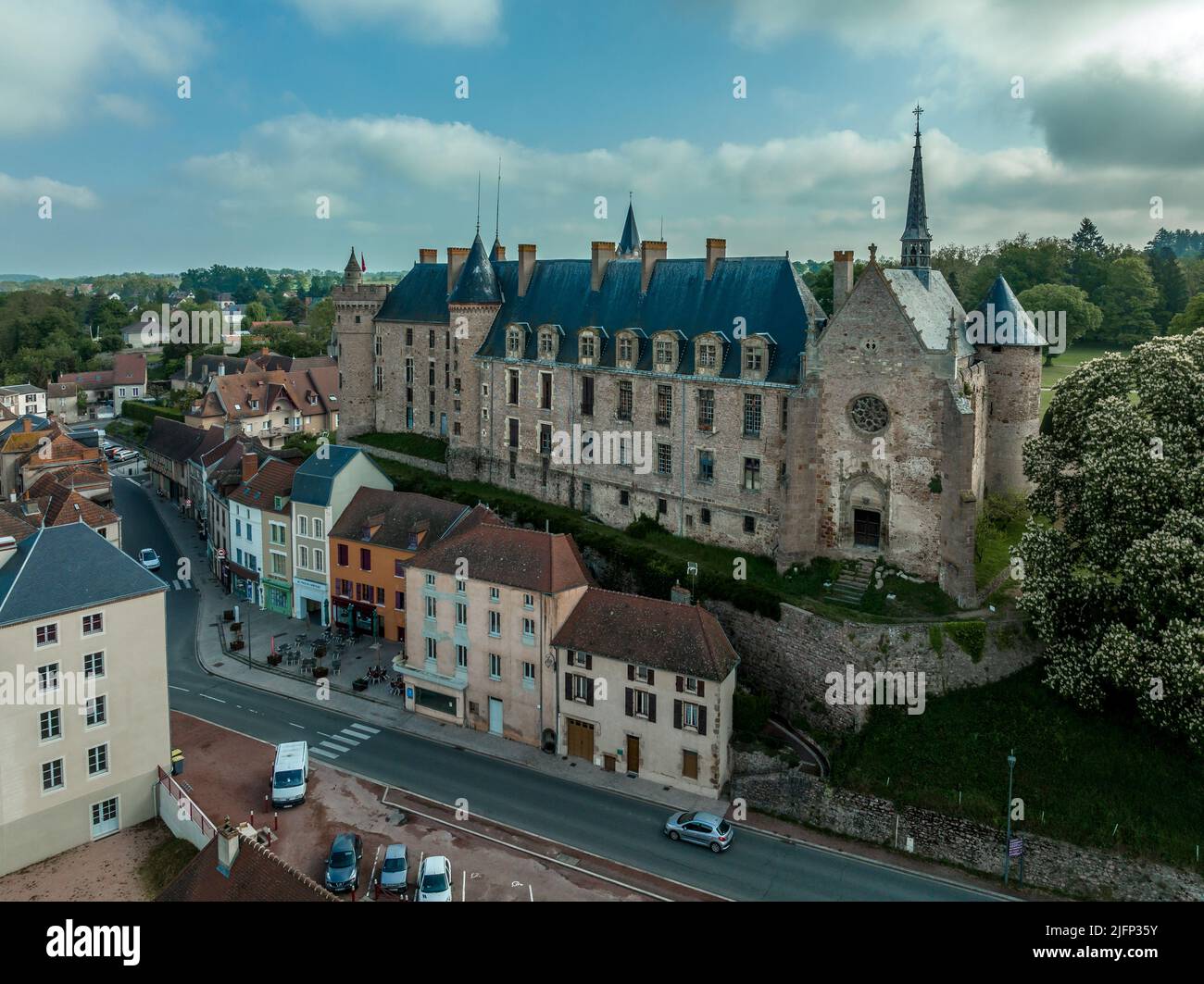 Aerial panoramic view of Lapalisse castle in the Allier department of ...