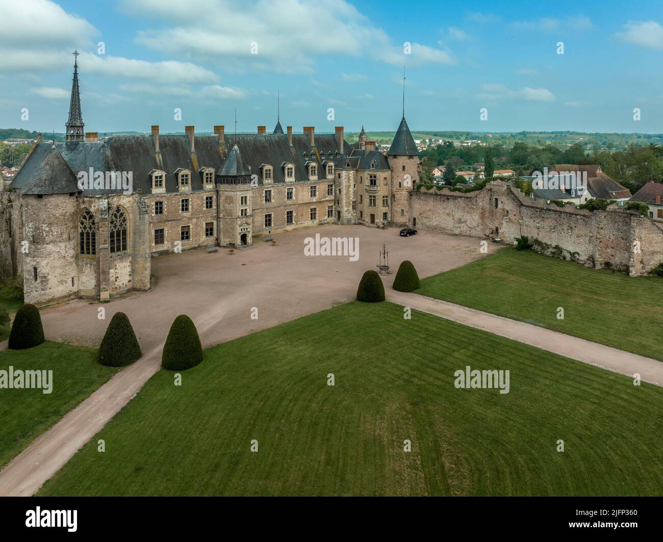 Aerial panoramic view of Lapalisse castle in the Allier department of ...