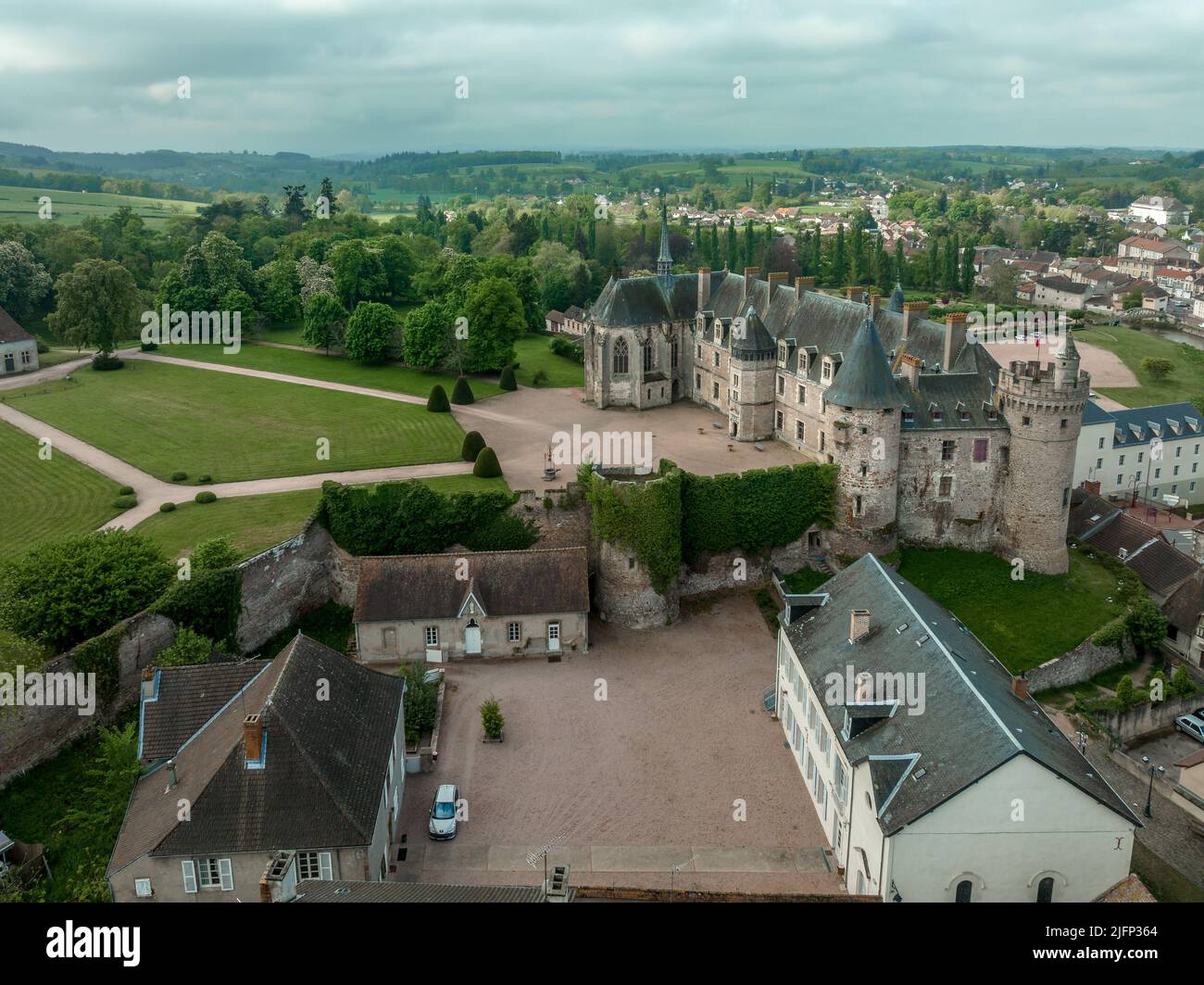 Aerial panoramic view of Lapalisse castle in the Allier department of ...