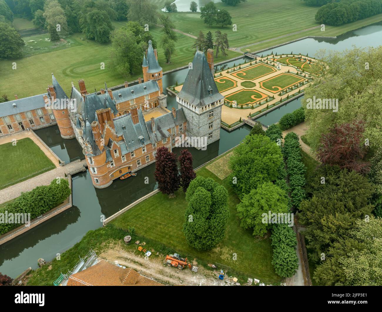 Aerial view of medieval Maintenon castle palace in France with French ...
