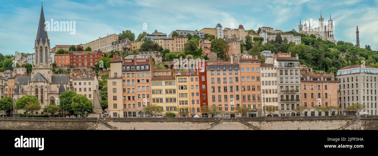 View of old Lyon, cathedral and colorful houses on the bank of the ...