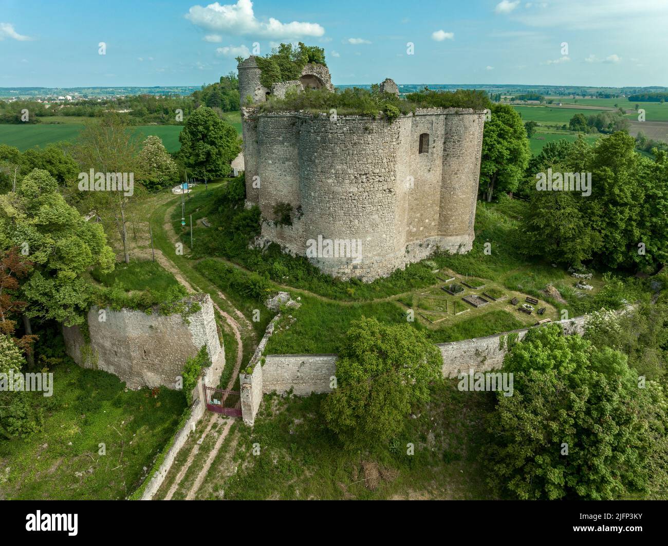 Aerial top down ground plan view of Montaigu le blin Gothic ruin castle ...