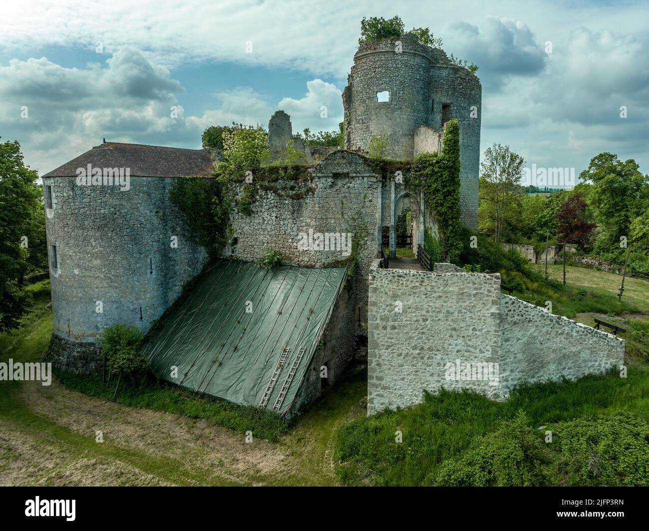 Aerial top down ground plan view of Montaigu le blin Gothic ruin castle ...