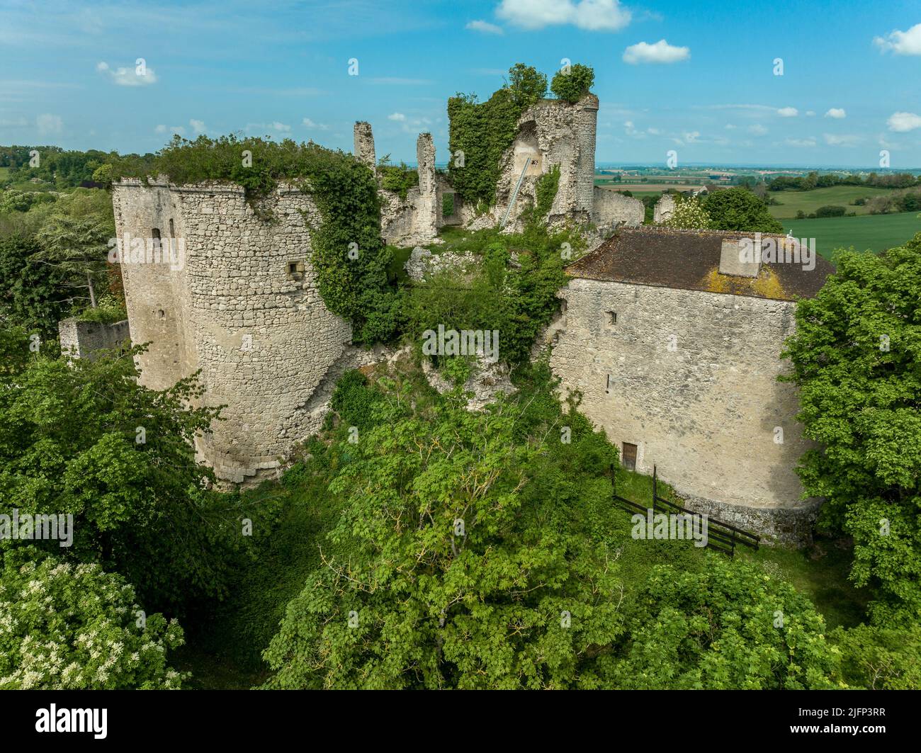 Aerial top down ground plan view of Montaigu le blin Gothic ruin castle ...
