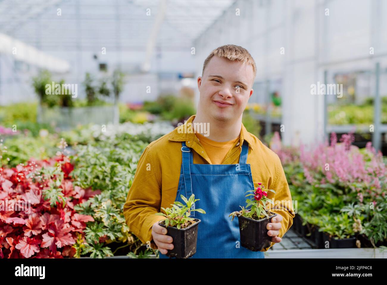 Happy young employee with Down syndrome working in garden centre ...