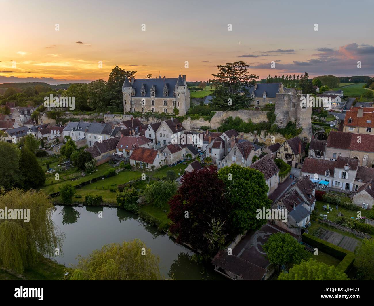 Aerial sunset view of Montresor medieval castle with a Renaissance ...