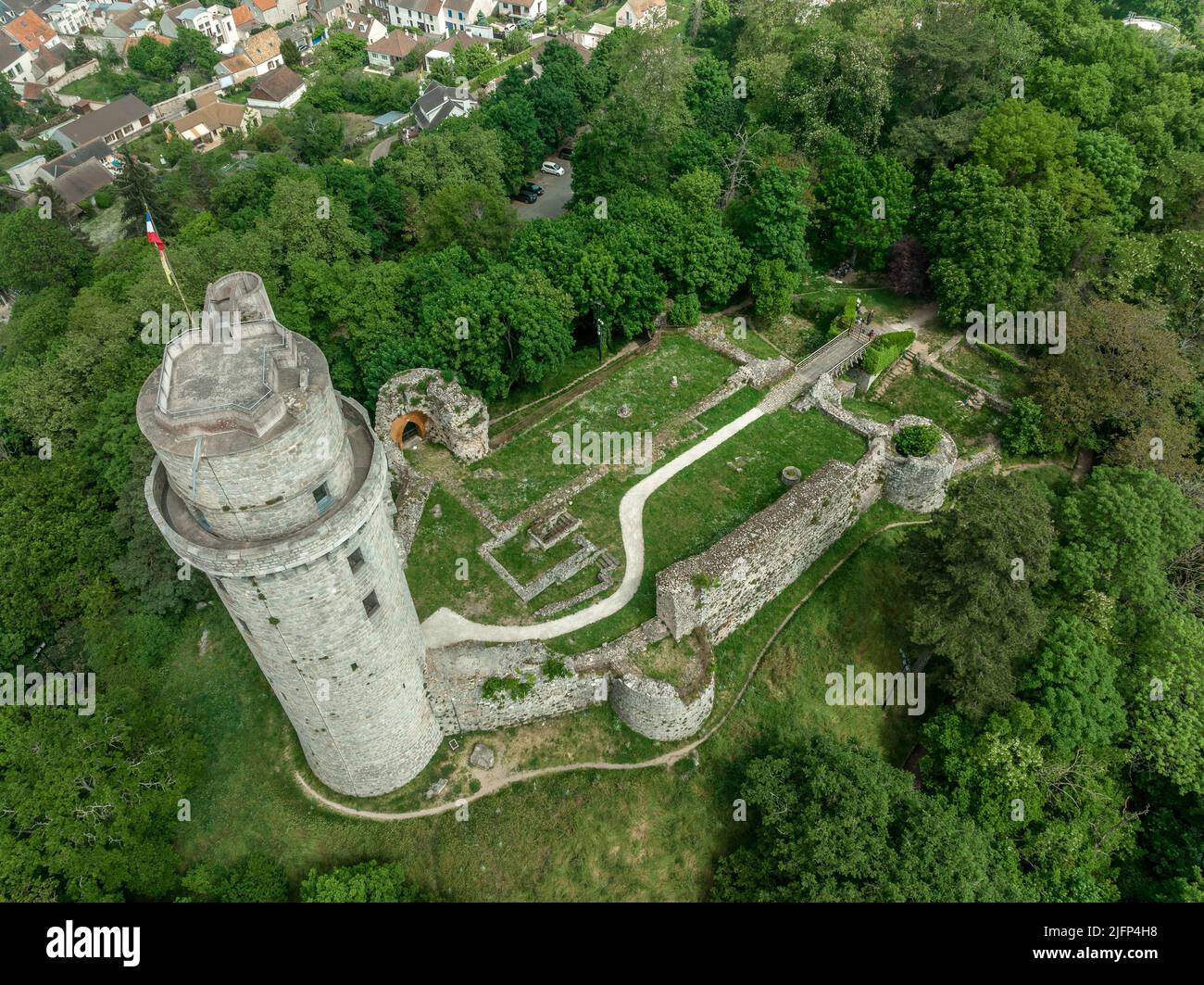 Aerial view of medieval ruined Montlhéry castle controlling the Paris ...