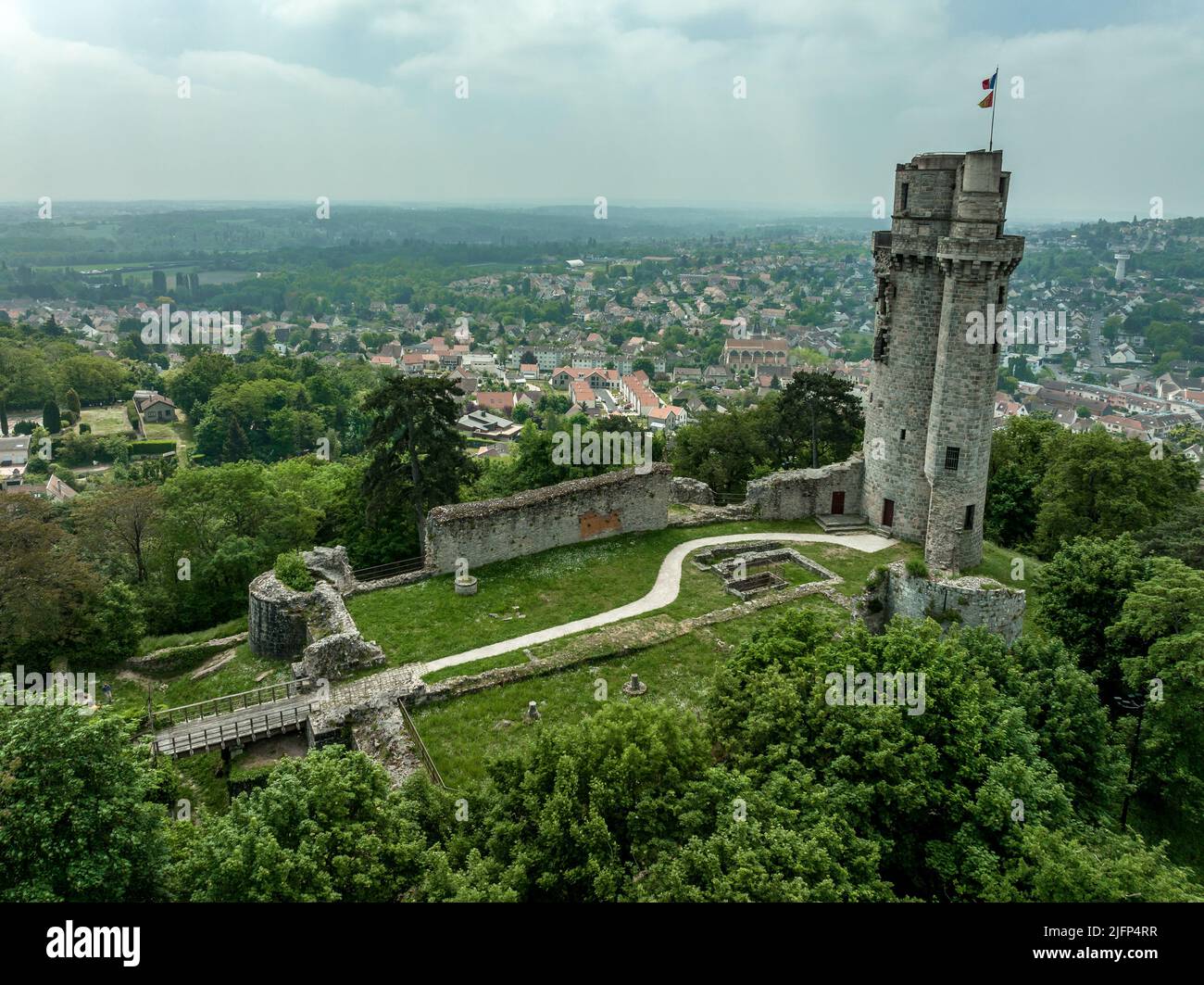 Aerial view of medieval ruined Montlhéry castle controlling the Paris ...