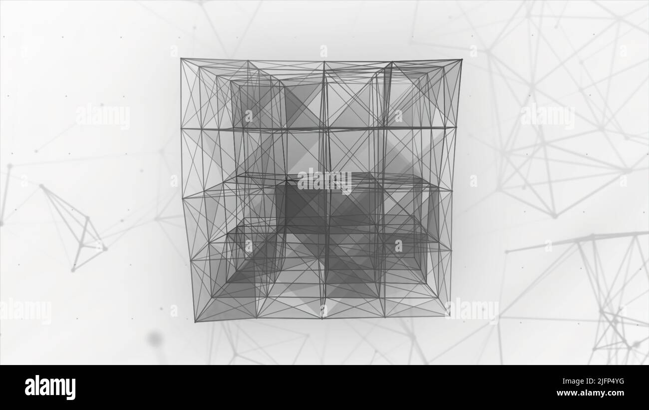 Cube of geometric lines. Motion. Moving cube of many geometric lines and triangles in space ...