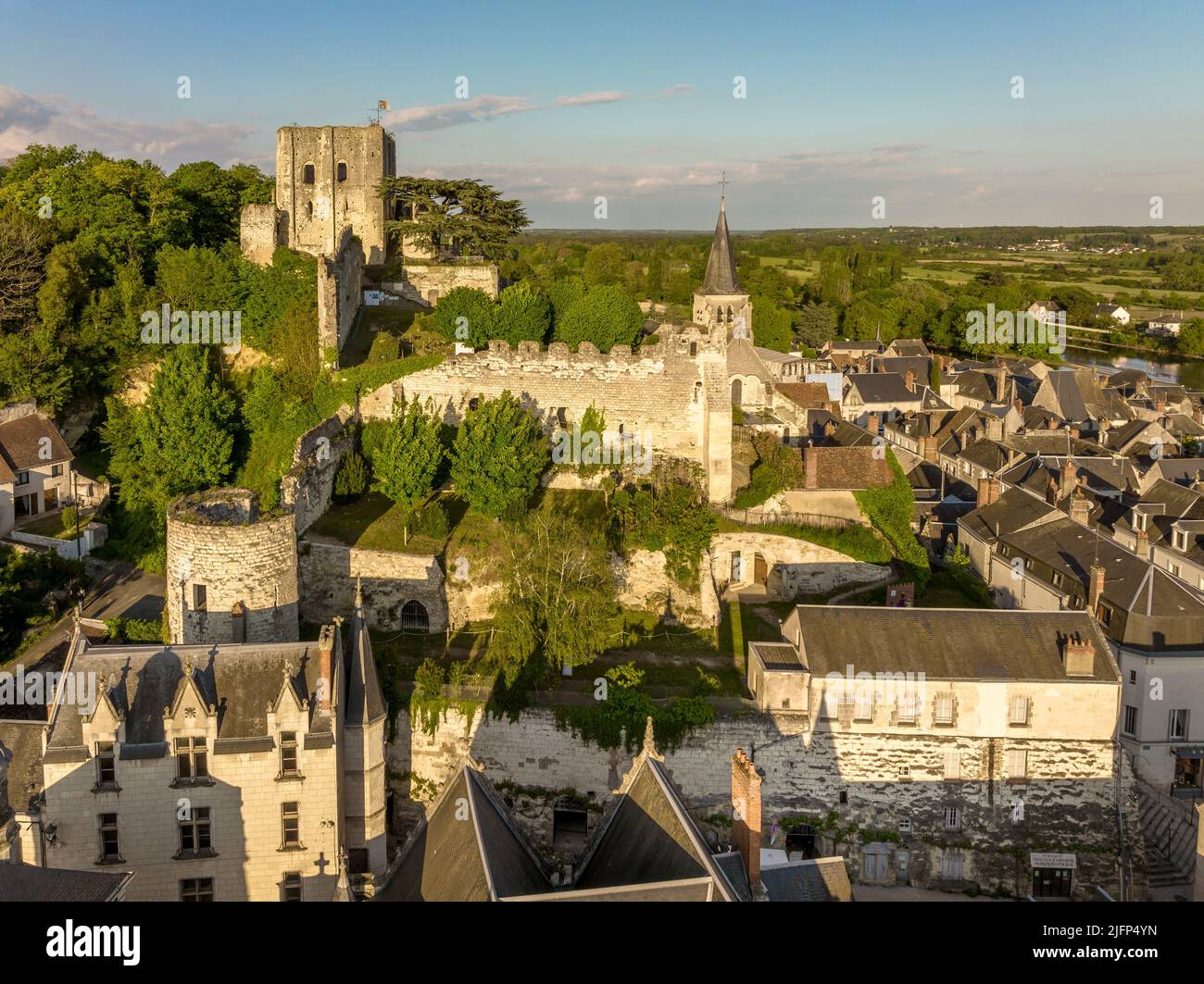 Aerial view of Montrichard castle and town in the Loire Valley with ...
