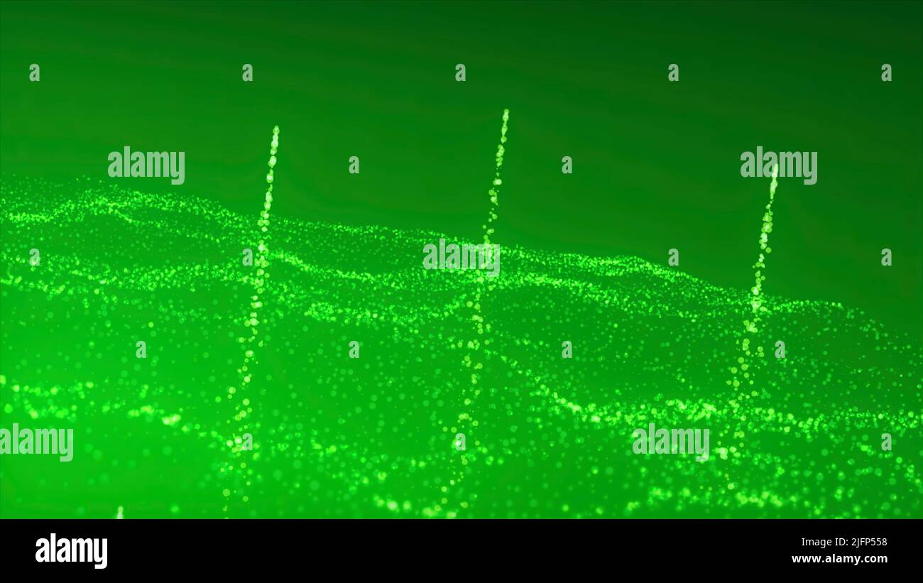 Green stream with luminous particles. Motion. Magical green stream of ...