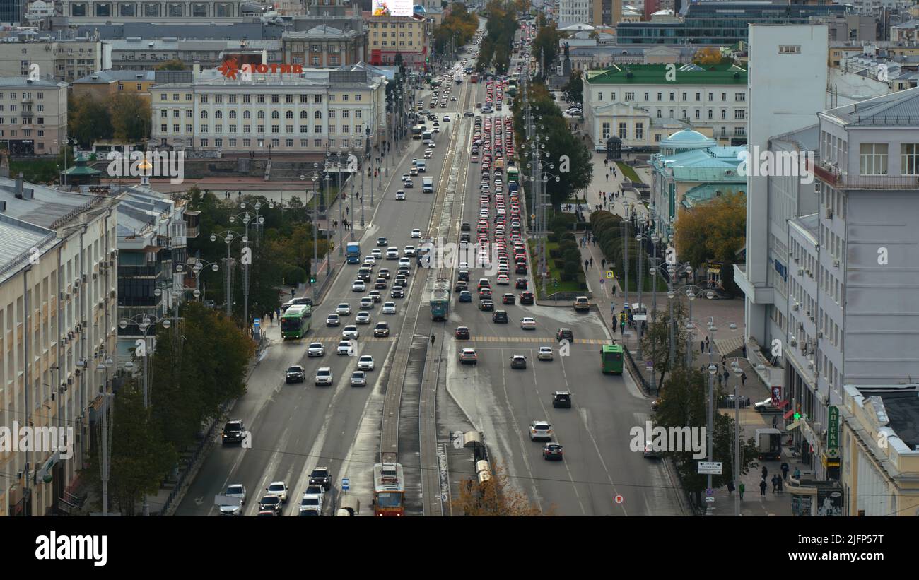 Russia, Yekaterinburg - September 10, 2021: Top view of busy street ...