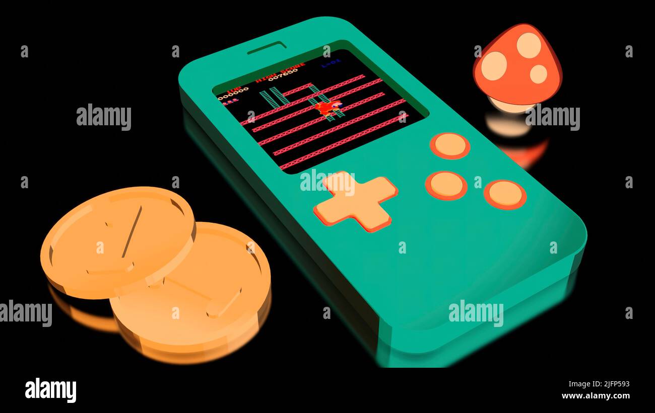 3D portable retro console. Design. Retro animation with prefix and ...