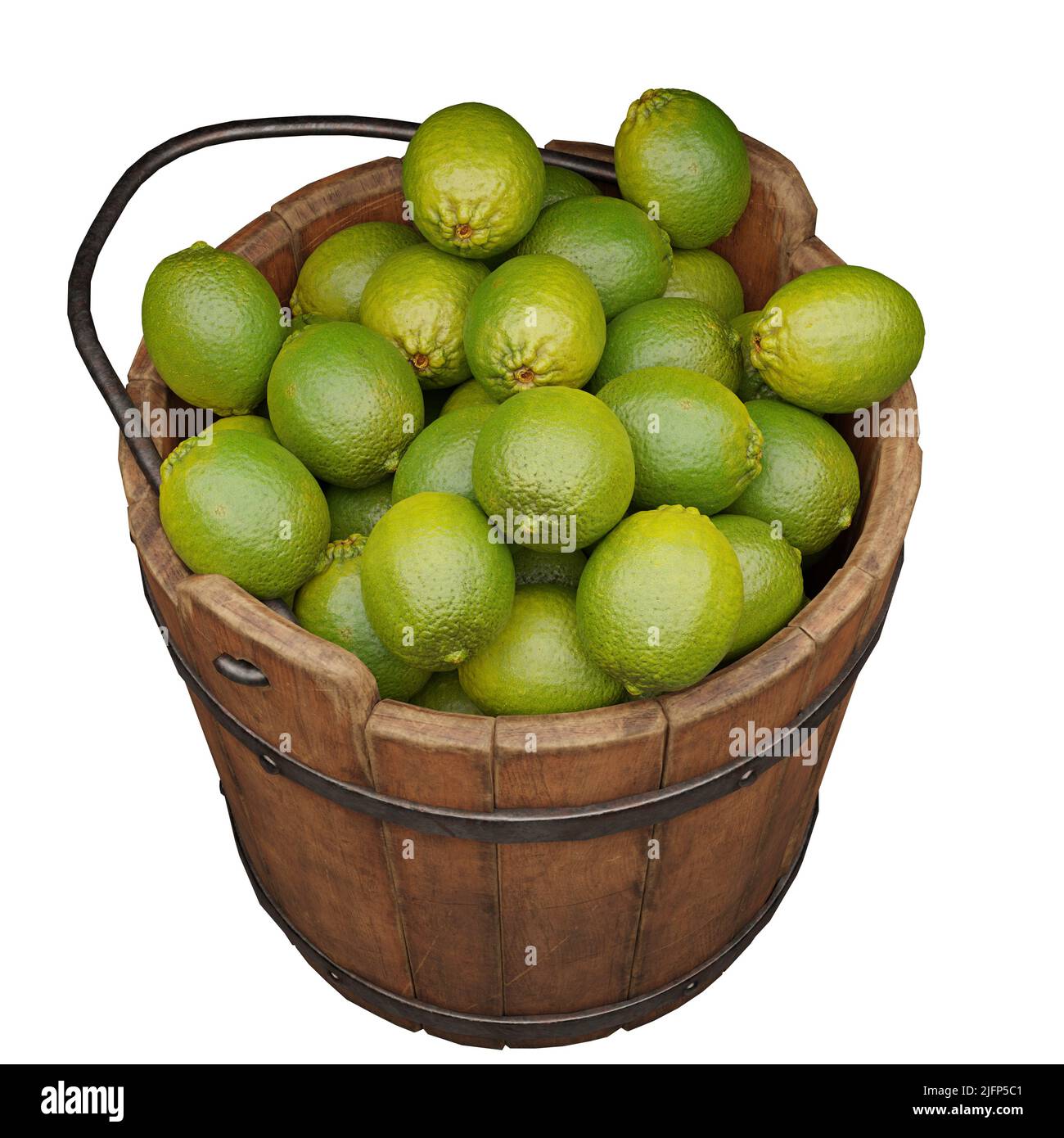 limes, wooden bucket filled with juicy citrus fruits isolated on white ...