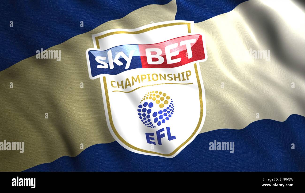 Flag with logo of English Football League. Motion. Emblem on waving ...