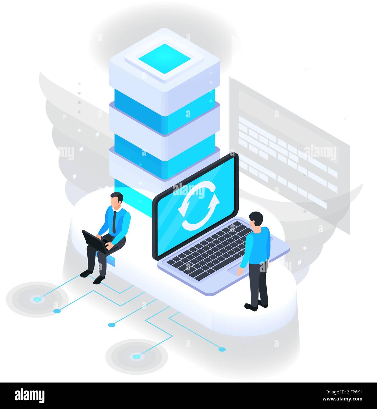 Cloud services isometric composition with icons of server rack with laptop sync icon and ...