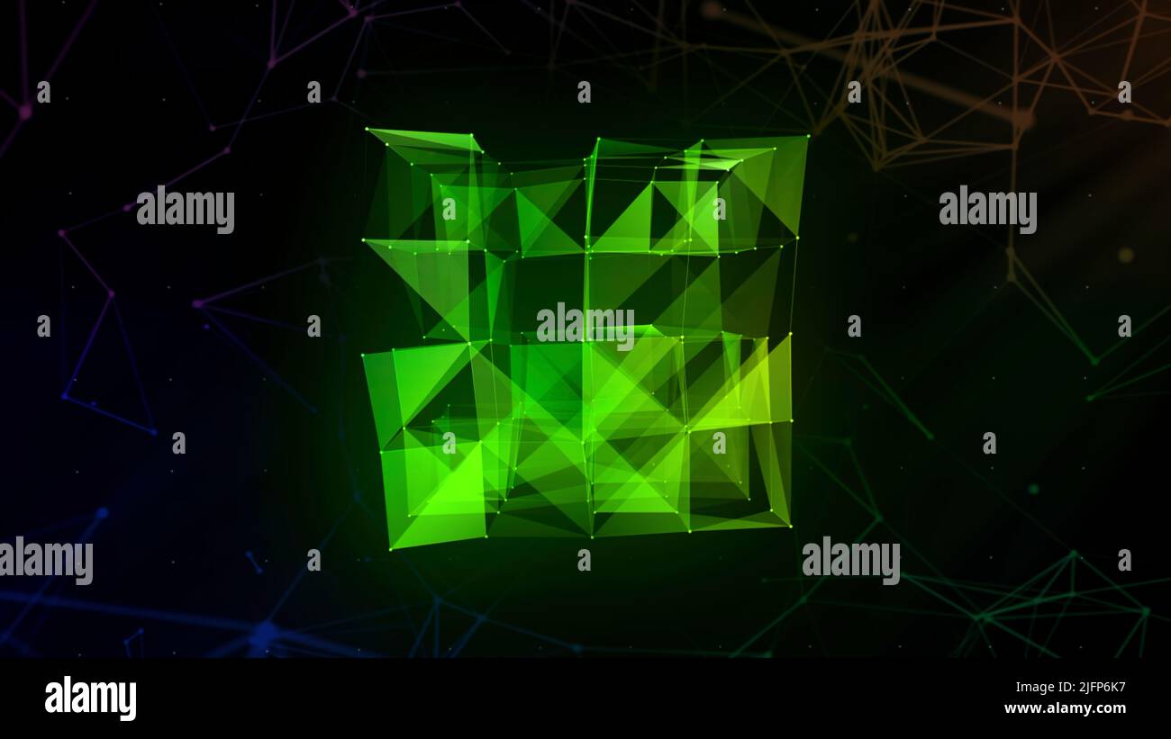 3D cube of geometric lines. Motion. Holographic cube of chaotic ...