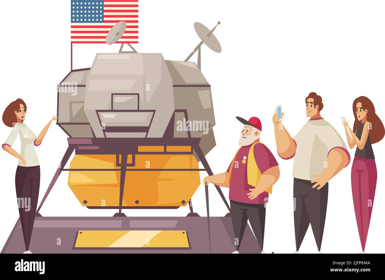 Guide excursion composition with group of space museum tourists with ...