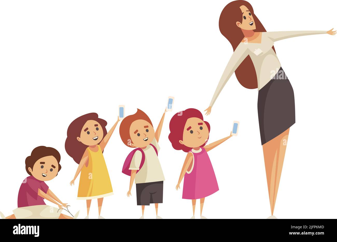 Guide excursion composition with group of children with female ...