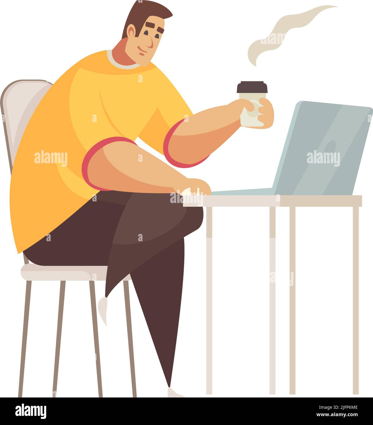 Happy male programmer working on laptop and drinking hot coffee from ...