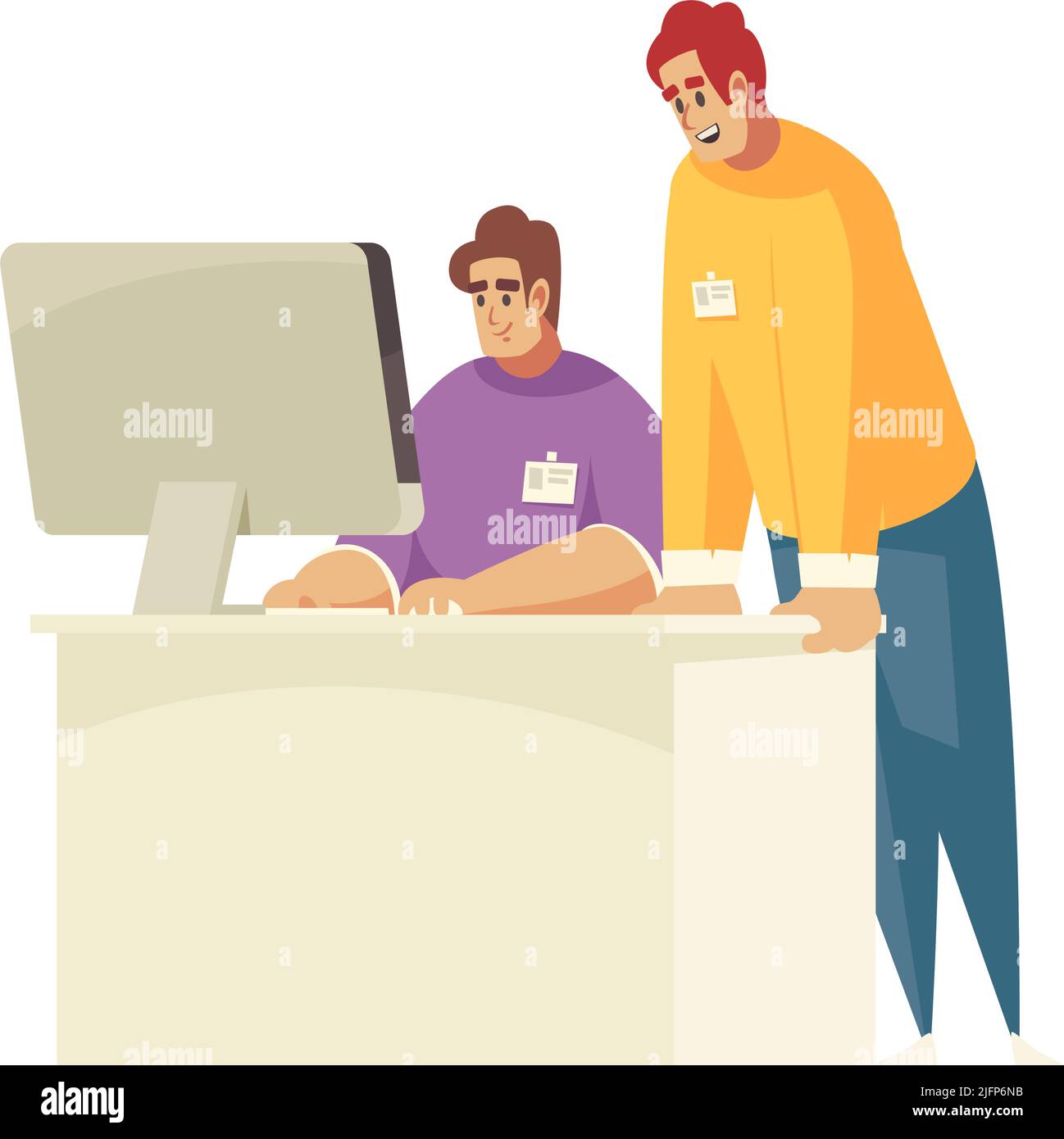 Two happy male programmers at their work place in office flat vector ...
