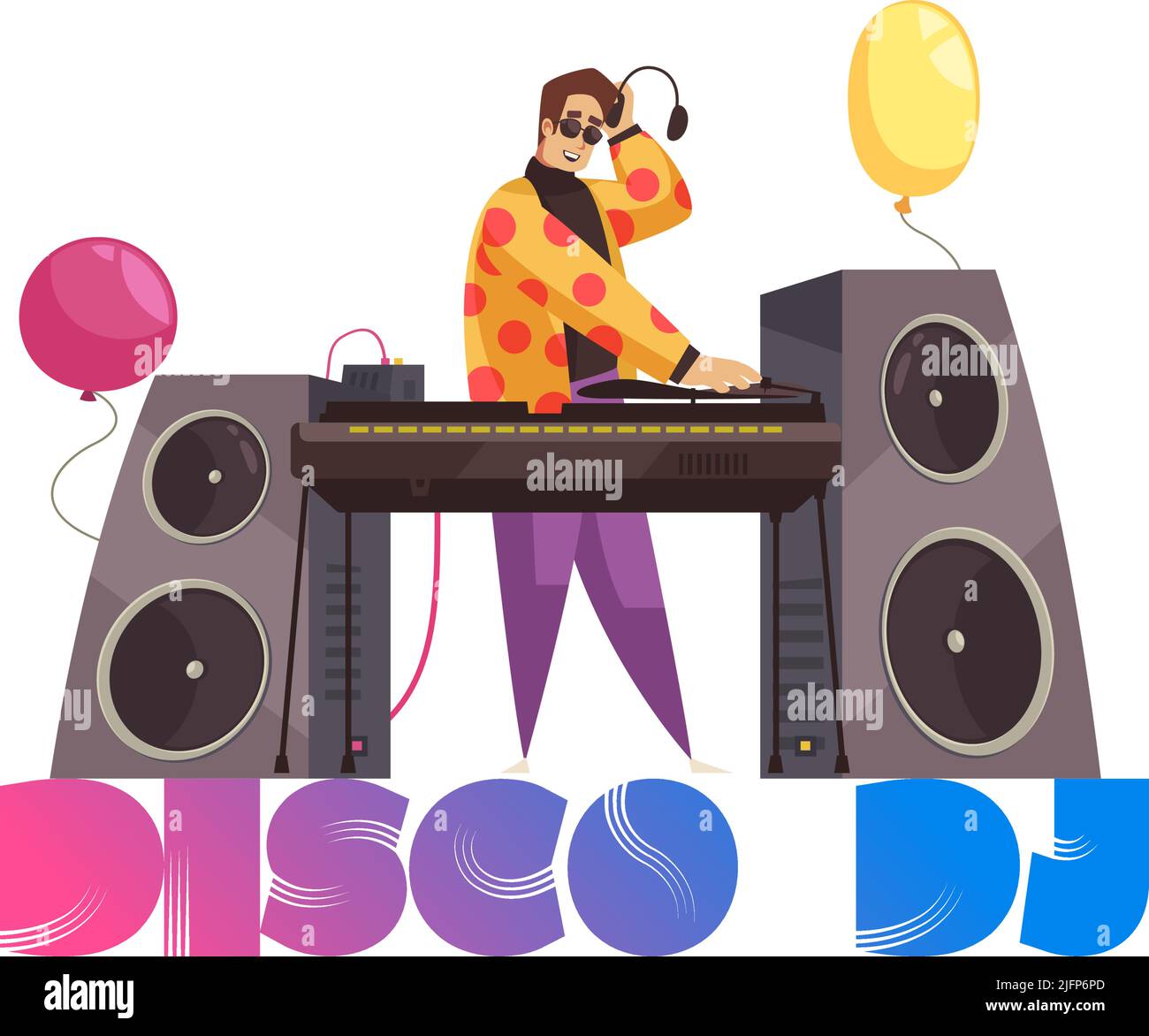 Disco party composition with character of disc jockey playing music at ...